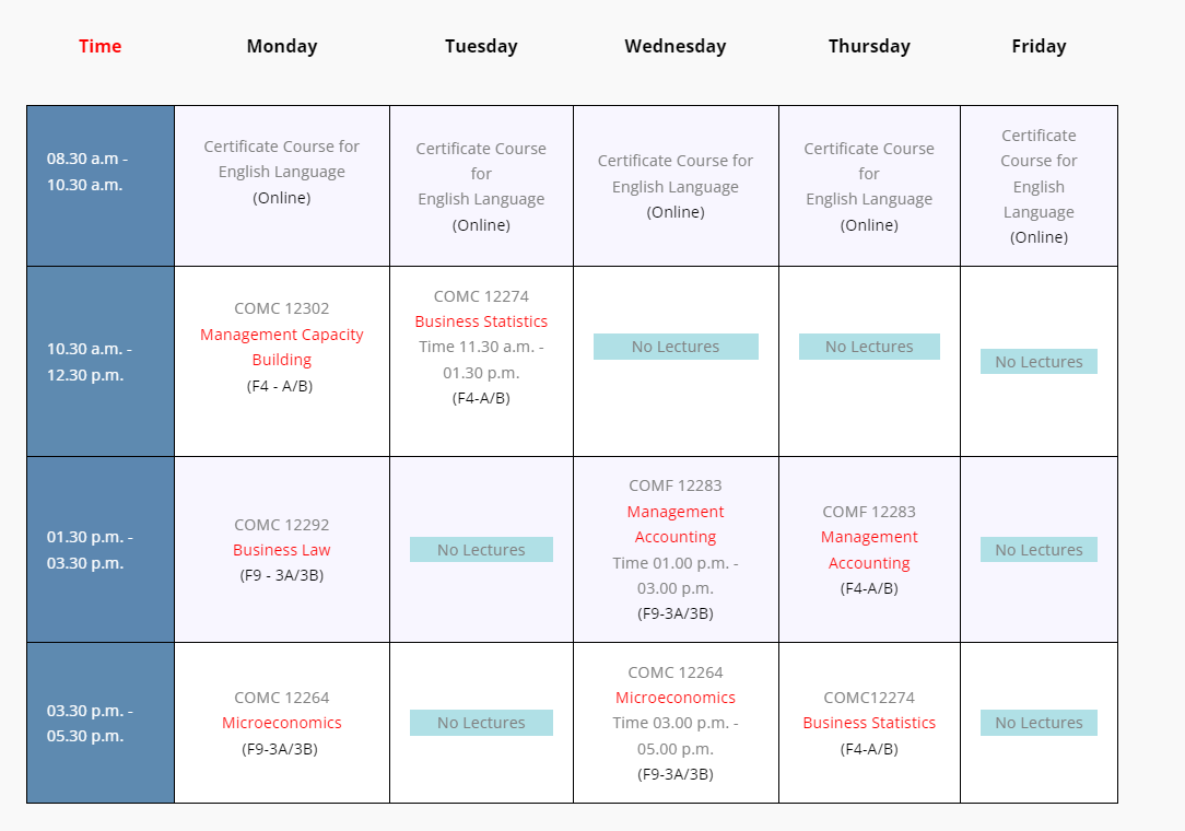 First Year Time Table