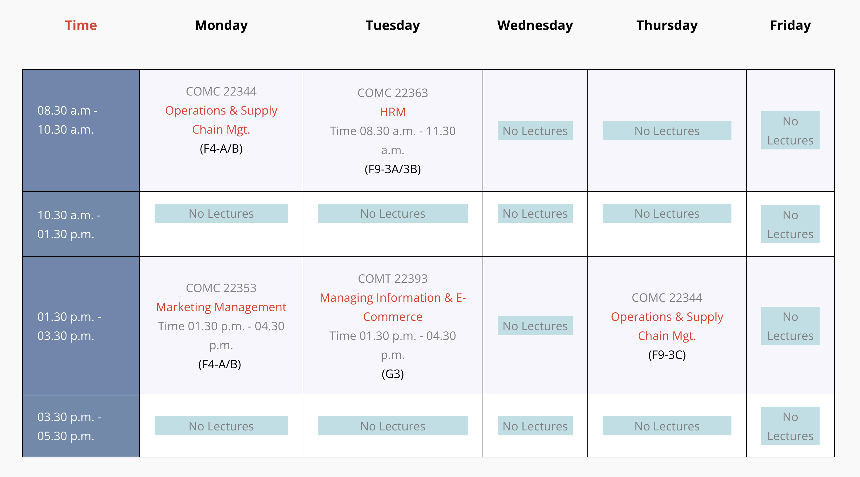Second Year COMC Time Table